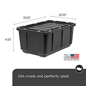 IRIS USA 27 Gallon Heavy Duty Truck Bed Toolbox Storage Tote Bins with Lids, 4 Pack - Made in USA, Tough Snap On Lid Stackable Industrial Rugged Tubs, Garage Organization, Reusable Box - Black