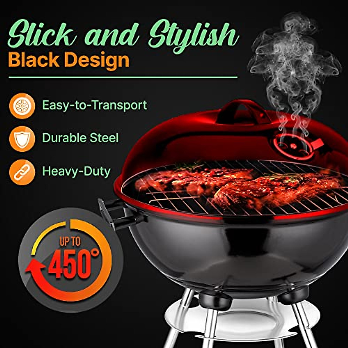 Portable Outdoor Charcoal BBQ Grill, Stainless Steel Charcoal Grill Offset Smoker with Ash Catcher and Red Cover, Multi-functional ideal for Bake. Braise, Smoke, Roast, and Grill