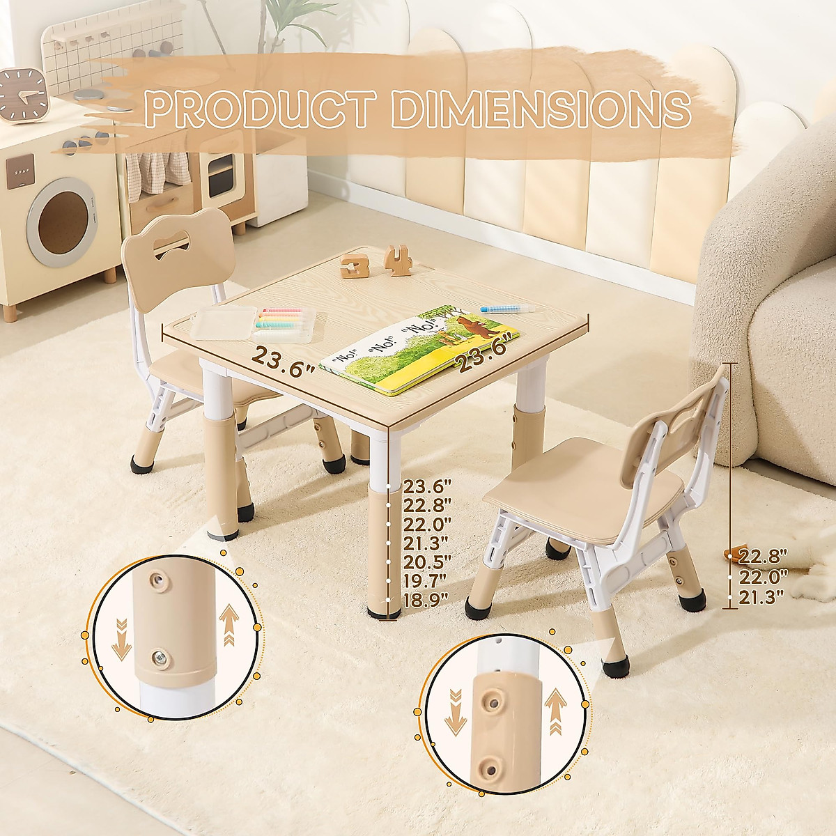 SINKIPA Kids Table and 2 Chairs Set, 23.6''L x 23.6''W Toddler Table and Chairs, Height Adjustable Kids Study Table for Ages 2-10, Graffiti Desktop Children Activity Table with Anti-Slip Foot Covers