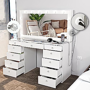 Boahaus Orla Modern Makeup Vanity Desk with Light Bulbs Built-in, USB Port and Power Outlet, 11 Drawers, Hollywood Vanity Mirror, Glam Glass Top Vanity, Crystal Ball Knobs, Big Vanity for Bedroom