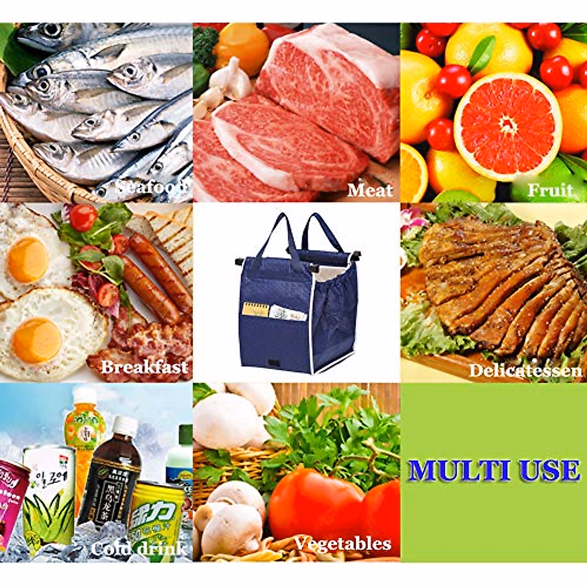 Reusable Grab Bags Insulated Food Storage Bag, Collapsible Grocery Tote Bags with Handles, Grab and Go Bag Shopping Trolley Bag Clip on Shopping Cart As Seen On TV