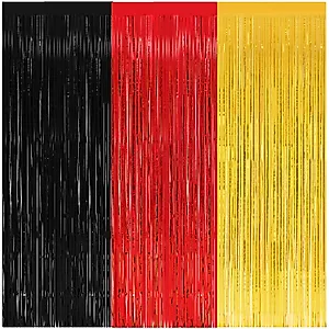 3 Pack Foil Curtains-8x9.84 Ft Red Gold and Black Fringe Metallic Backdrop Curtain for Mickey Mouse Themed Baby Shower Birthday Nursery Party Decorations