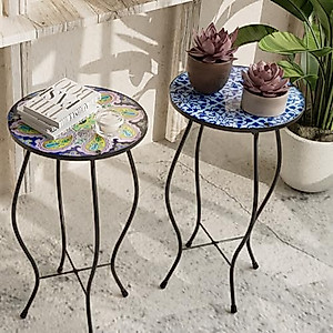 Paytonture Patio Side Table Outdoor Mosaic Table Accent Coffee Table,Plant End Table Small Porch Purple Table Indoor,Round Glass Balcony Small Porch Plant Stands for Garden Patio Living Room 14 Inch