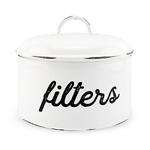 AuldHome Basket Coffee Filter Holder, White Enamel Filter Storage Container in Rustic Farmhouse Distressed Enamelware Design