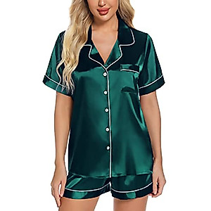 Womens Silk Satin Short Pajamas Set Classic Sleepwear Loungewear Dark Green M