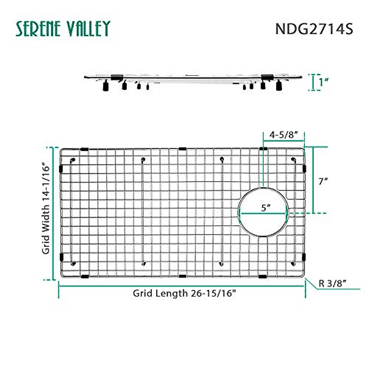 Serene Valley Sink Bottom Grid 26-15/16" X 14-1/16", Side Drain with Corner Radius 3/8",NDG2714S