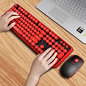 FOPETT Wireless Keyboard and Mouse Combo, 104 Keys Full-Sized 2.4 GHz Round Keycap Colorful Keyboards, USB Receiver Plug and Play, for Windows, Mac, PC, Laptop, Desktop (Black Red)