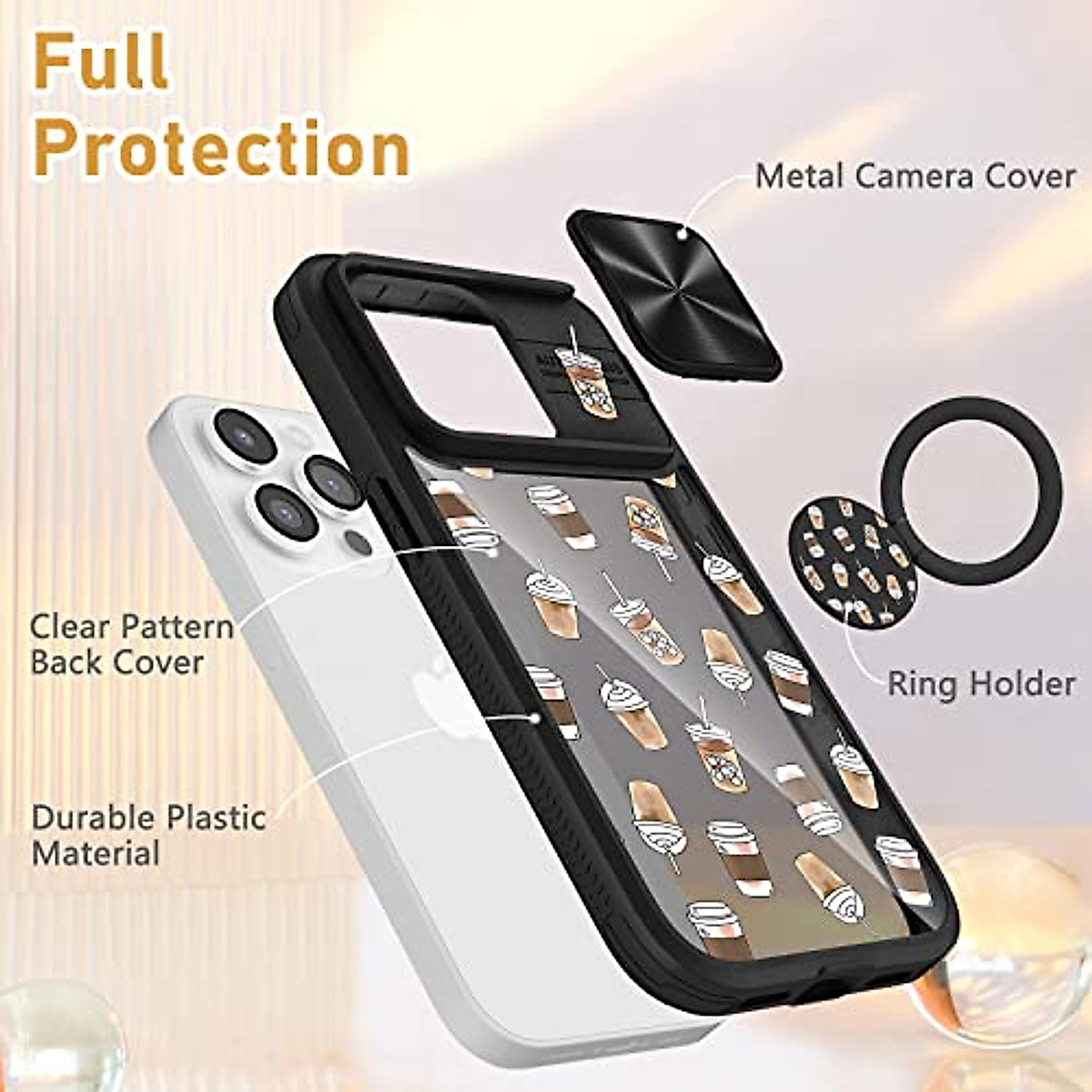 Plakill for iPhone 13 Pro Max Case Cute Stylish Designer Phone Cover with Slide Camera Cover + Ring Holder, Drinks Bubble Tea Slim Protective Shockproof Hard Clear Cases for iPhone 13 Pro Max 6.7"