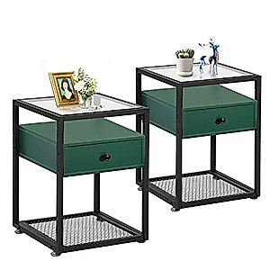 VECELO End Table, Modern Nightstand with Drawer, Night Stand Set of 2 for Bedroom Living Room,Tempered Glass, 2 Pack, Green