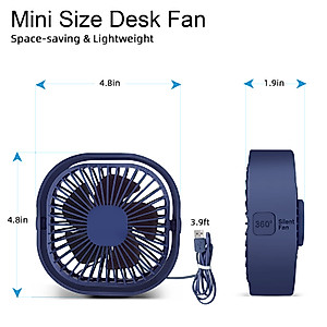 Desk Fan Portable Personal Desktop Mini Cooling Micro with Cable USB Powered 3 Speeds Quiet Small Table Fan for Home Office Study reading Bedroom Indoor Car Outdoor Travel (Blue)