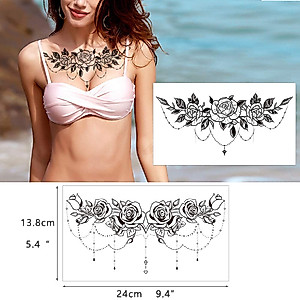 Glaryyears Chest Underboob Temporary Tattoos for Women Adult, 6 Pack Black Fake Realistic Large Long Lasting Creative Removable Tattoo Stickers, Sexy Rose Flower Tramp Stamp Sketch on Body