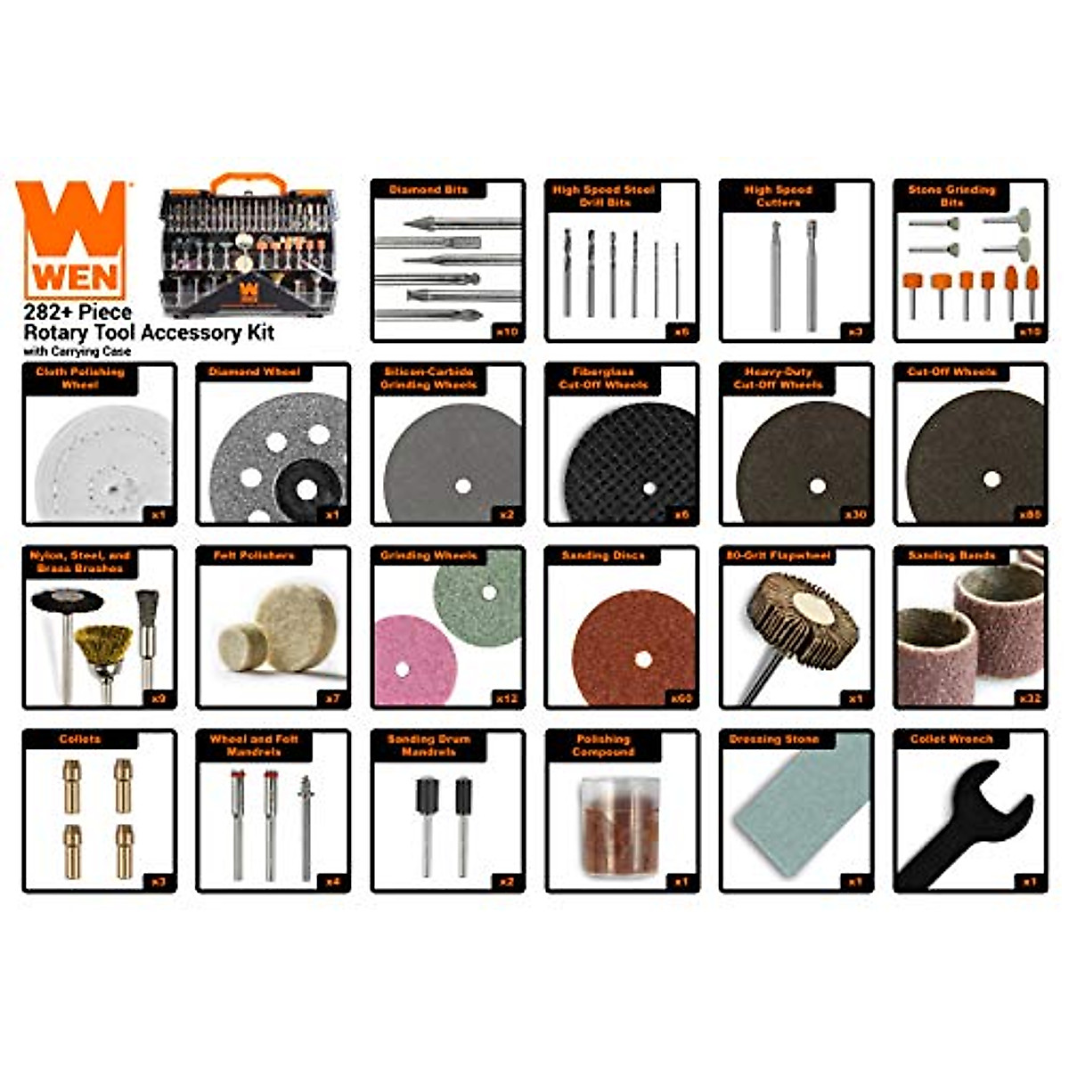WEN 230282A 282-Piece Rotary Tool Accessory Kit with Carrying Case