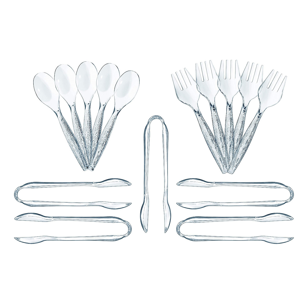 Prestee 15 Piece Transparent Plastic Disposable Serving Utensils Set - 10" Spoons, Tongs, Forks - Disposable Serving Trays and Platters for Kitchen Dining, Buffet Cutlery Sets, Serving Trays (15pk)