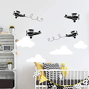 JUEKUI Airplane Wall Sticker Aircraft with Clouds Wall Decal for Baby Boys Bedroom Decoration Fighter Airplane Wall Decor WS65 (Black and White)