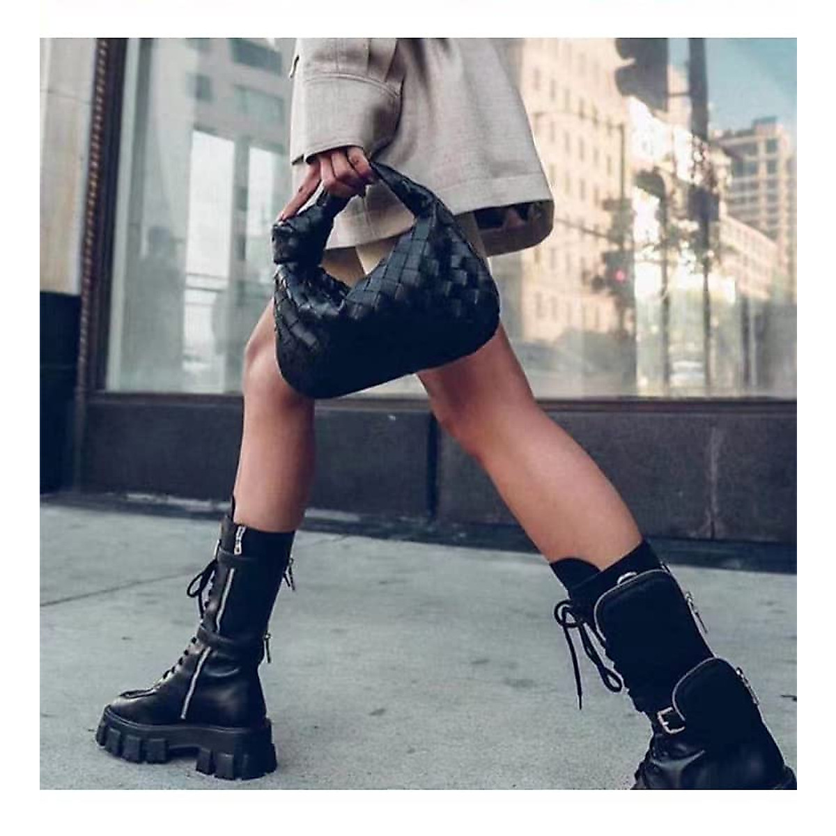 Women Kontted Woven Bag Handbag Hobo Bag Leather Woven Fashion Designer Ladies Clutch Purse Dumpling Shoulder Bag for Women (Black)