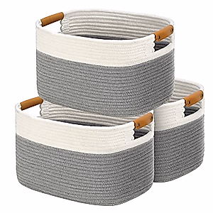 LOVSTORAGE Cotton Rope Basket for Storage, Set of 3 Storage Baskets for Organizing with Handles Woven Laundry Basket in Living Laundry Room for Blankets Toys Throws Pillows Towels 15"x10"x9" White/Grey