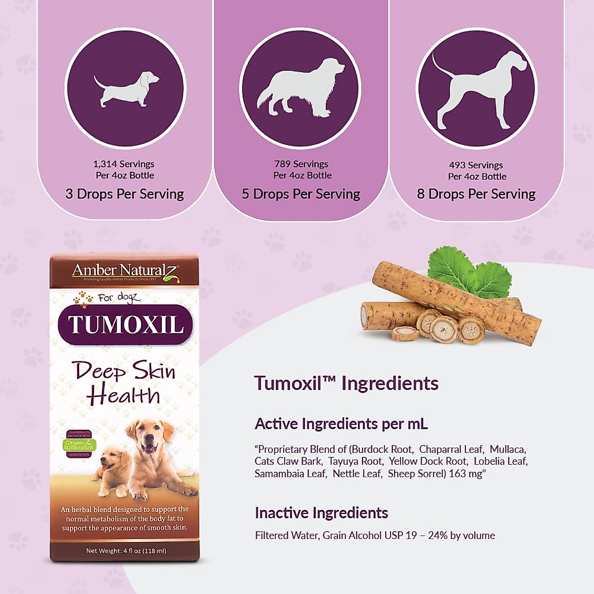 AMBER NATURALZ Tumoxil Deep Skin Health Herbal Supplement for Dogs and Puppies | Canine Herbal Supplement for Skin and Metabolism Support | 4 Fluid Ounce Glass Bottle | Manufactured in The USA