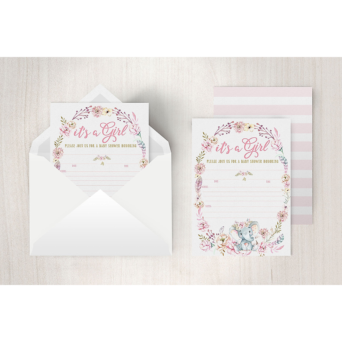 Elephant Baby Shower Invitation - Girl Pink Elephant Baby Shower - Jungle Baby Girl Shower Invite - It's a Girl - Baby Sprinkle Invite - 20 Fill-In Invitations - Envelopes Not Included