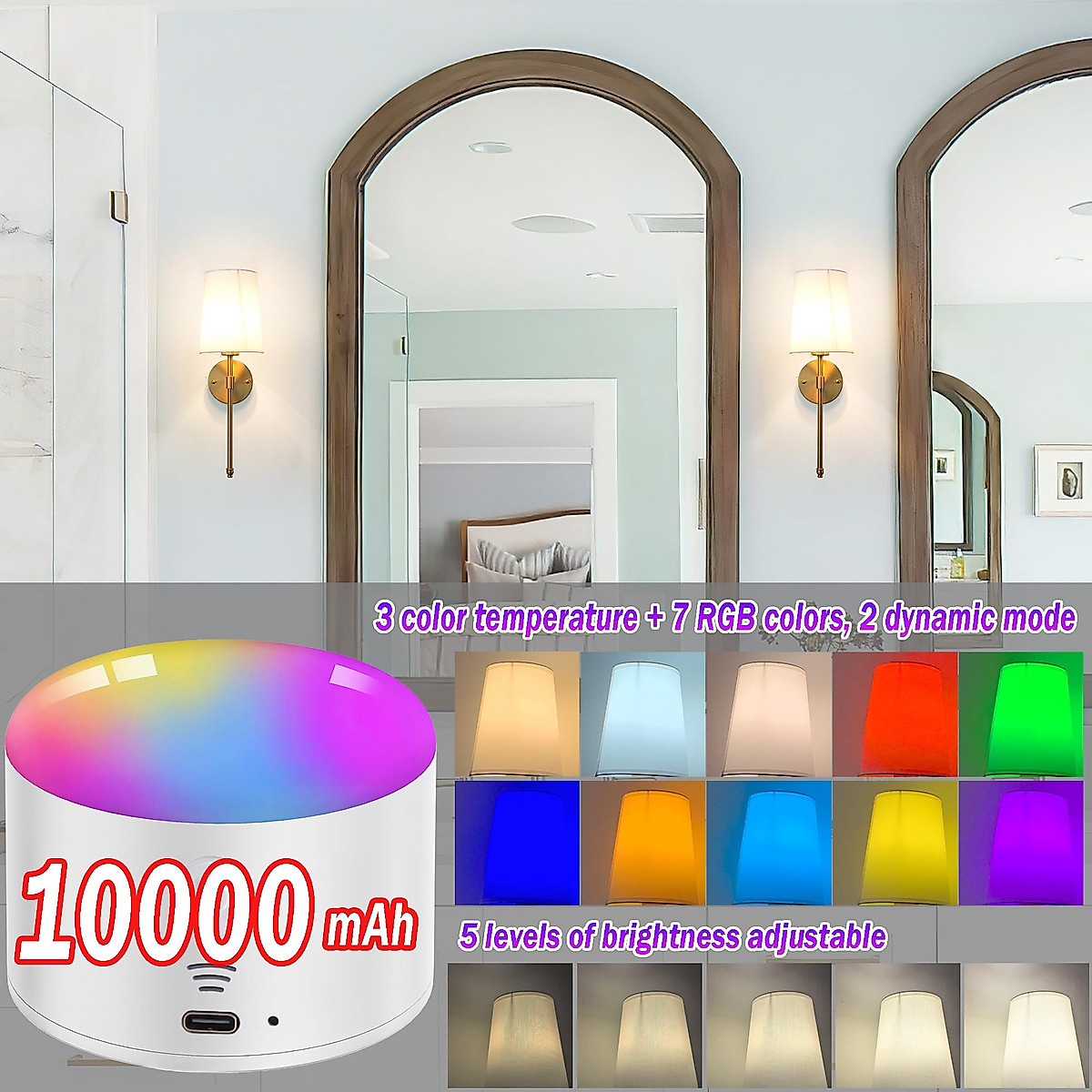 YHCDLAMP Battery Operated Wall Sconce Set of 2, Rechargeable Wall Sconce with 10000mAh Bulb and Remote Control, Up to 50 Hrs Use, RGB Dimmable Wireless Wall Lights for Living Room Bedroom Hallway