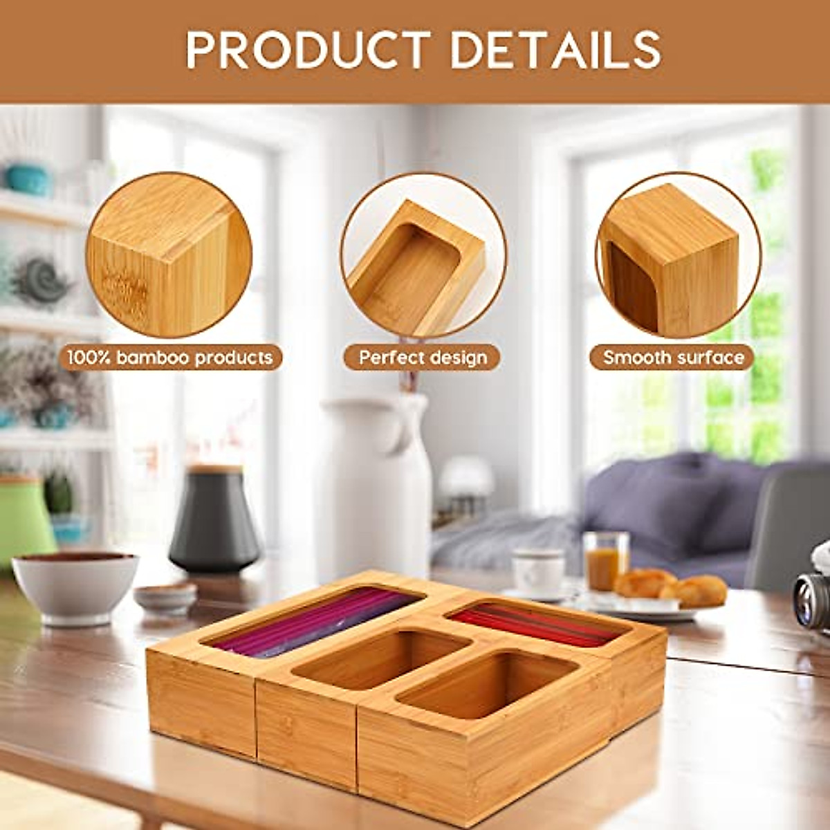 Bamboo Storage Bag Bamboo Kitchen Organizer Pack of 4 Organizers for Drawer Suitable for Gallon Quart Sandwich Snack Slider Bags Compatible with Ziploc Solimo Glad Hefty