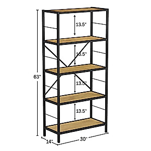 Lavish Home 5-Tier Bookshelf-Open Industrial Style Etagere Wooden Shelving Unit, 63", Oak
