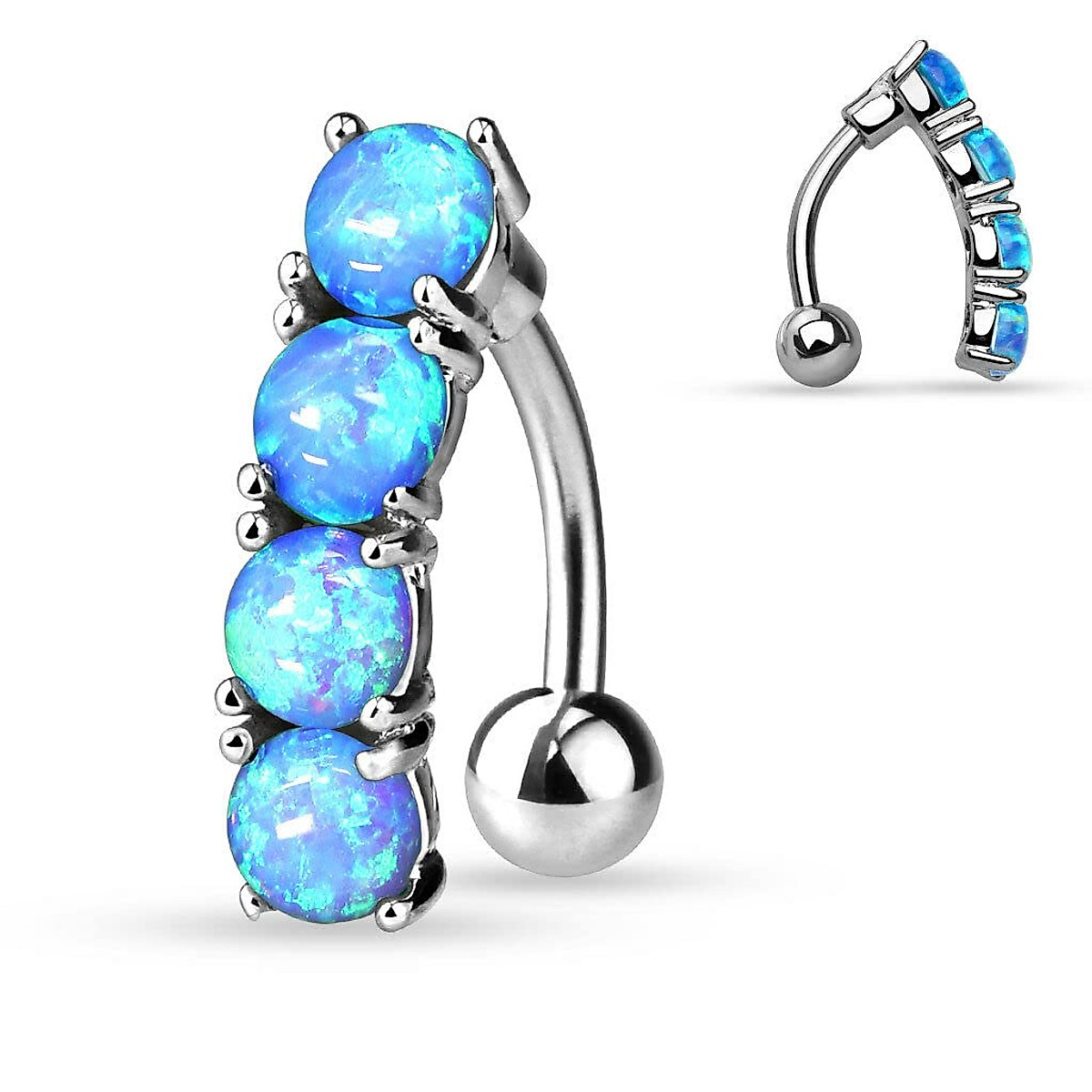 Vertical Drop Top Down Opal Set Surgical Steel Navel Belly Button Ring 14G 3/8" - Blue