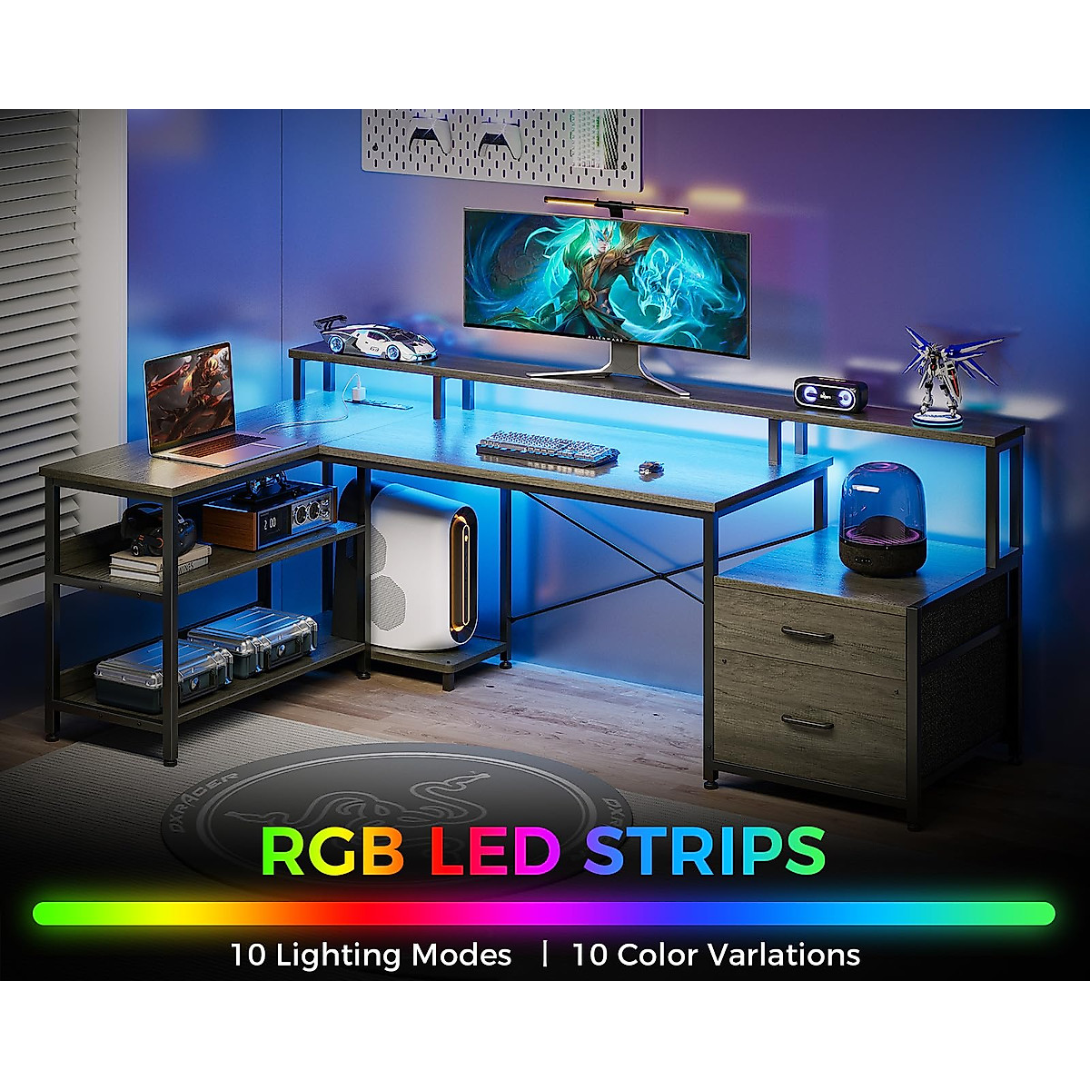 ODK L Shaped Desk with File Drawer, 66" Reversible L Shaped Computer Desk with Power Outlet & LED Strip, Office Desk with Storage Shelves, Gaming Desk with Monitor Shelf, Corner Desk, Grey Oak