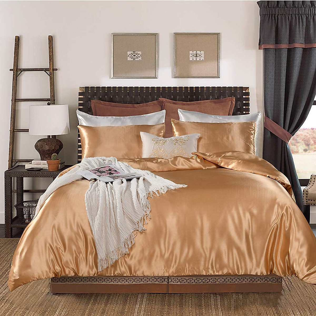 Duvet Cover 3 Piece Set - Ultra Soft Silky Satin Hotel Collection - 1 Comforter Cover with Zipper Closure and 2 Pillowcases - King/Cal King, Gold - Duvet Set