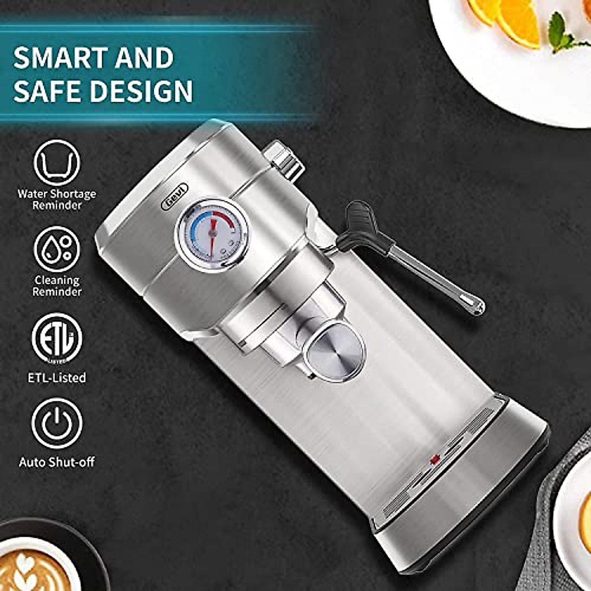 Gevi 20 Bar Compact Professional Espresso Coffee Machine with Milk Frother/Steam Wand for Espresso, Latte and Cappuccino, Stainless Steel, 35 Oz Removable Water Tank (Machine)