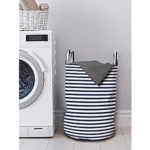Ambesonne Navy Laundry Bag, Nautical in Horizontal Style Marine Sea Life Ocean Pacific Art Print, Hamper Basket with Handles Drawstring Closure for Laundromats, 13" x 19", Violet Blue and White