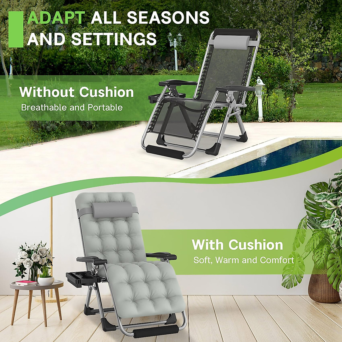 ZENPETIO 26In Zero Gravity Chair, Zero Gravity Recliner Lounge Chair for Indoor and Outdoor, Reclining Camping Chair for Lawn and Patio, Anti Gravity Chair w/Cushion, Cup Holder and Footrest, 440LBS