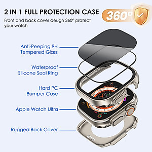 WINGLE 2 Pack for Apple Watch Ultra 2 49mm Privacy Screen Protector Case, [Anti-Peeping] 2 in 1 Waterproof 360 Protective Glass Face Cover Hard PC Bumper for iWatch Ultra 49 mm, Titanium