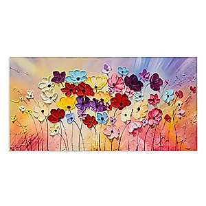SYGALLERIER Colorful Floral Canvas Wall Art Hand Painted 3D Flower Artwork Frameds Modern Abstract Landscape Painting Textured Flower Pictures for Living Room Bedroom Bathroom Decor
