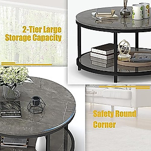 WiberWi Round Coffee Table 33.5" Coffee Tables for Living Room High Glossy Faux Marble Top Modern Circle Table Sturdy Black Metal Frame Legs Cocktail Table with Storage Open Shelf