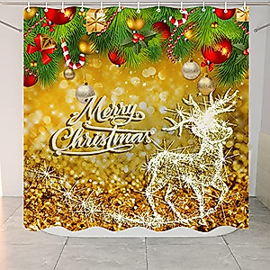 Casdseci 4Pcs Golden Christmas Shower Curtains Set with Non-Slip Rugs, Toilet Lid Cover and Bath Mat, Lucky Glowing Elk Waterproof Bathroom Curtain with 12 Hooks 72 x 72 Inch