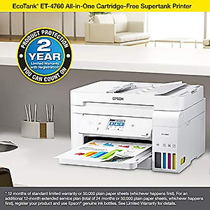 Epson EcoTank ET-4760 Wireless Color All-in-One Cartridge-Free Supertank Printer with Scanner, Copier, Fax, ADF and Ethernet - White, Large (Renewed)