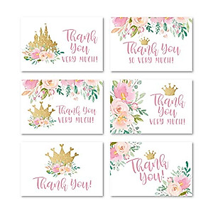 24 Floral Princess Baby Shower Thank You Cards With Envelopes, Kids Thank-You Note, 4x6 Gratitude Card Gift For Guest Pack For Party, Birthday for Girl Children, Cute Pink Royal Queen Event Stationery