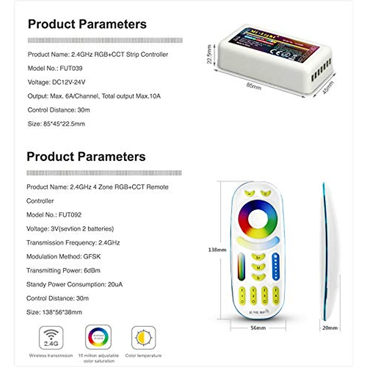LED Strip Lights Mi-Light FUT039 RGB＋CCT LED Strip Lights 4 PCS and One FUT092 Remote Controller(4*FUT039+Remote)