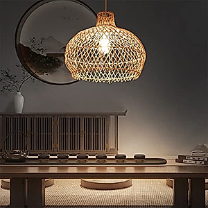 LATAFA Rattan Cage Chandelier Handmade Lamp Shade Light Fixture Ceiling Wicker Woven Pendant Light Adjustable Height Indoor Rattan Woven Hanging Lamp for Dining Room Bedroom Kitchen Island