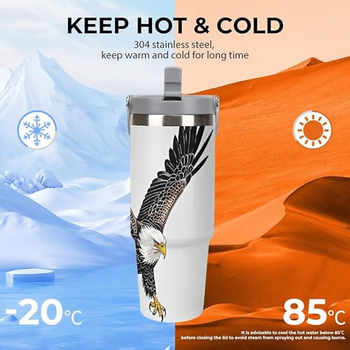 WITHSBKK 30oz Car Cup Sketch of Bald Eagle Diving Printed with Portable, Stainless Steel Travel Mug, Vacuum Insulated Tumbler And Straw, Leakproof for Car & Outdoor, UV Printed Design