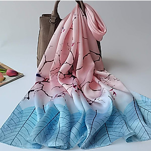 ANDANTINO 100% Mulberry Silk Long Scarf for Women Large Shawls for Headscarf and Neck- Oblong Hair Wraps with Gift Packed (Blue&Pink Branches)