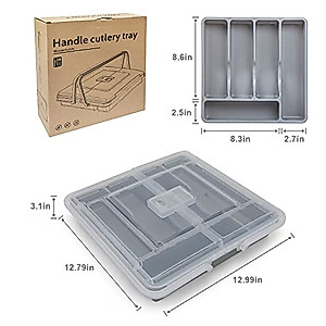 YICOCHI Portable Utensil Holder for Countertop with Lid & Handle, Plastic Silverware Tray for Drawer Flatware Organizer, Gray