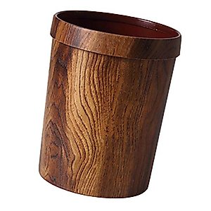 NOLITOY Decorative Storage Bins Small Trash Can Rustic Waste Basket Wood Grain Trash Bin Bathroom Garbage Can Simulated Wooden Wastebasket Flower Holder for Home Kitchen L Metal Bucket