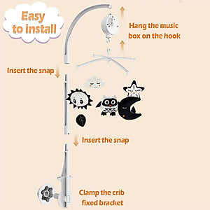 KAKIBLIN Baby Crib Mobile, Mobile for Crib with Hanging Rotating Toys, Nursery Mobile for Newborns with Music Box, Black and White Mobile for Baby Girls & Boys 0-24 Months,Owl