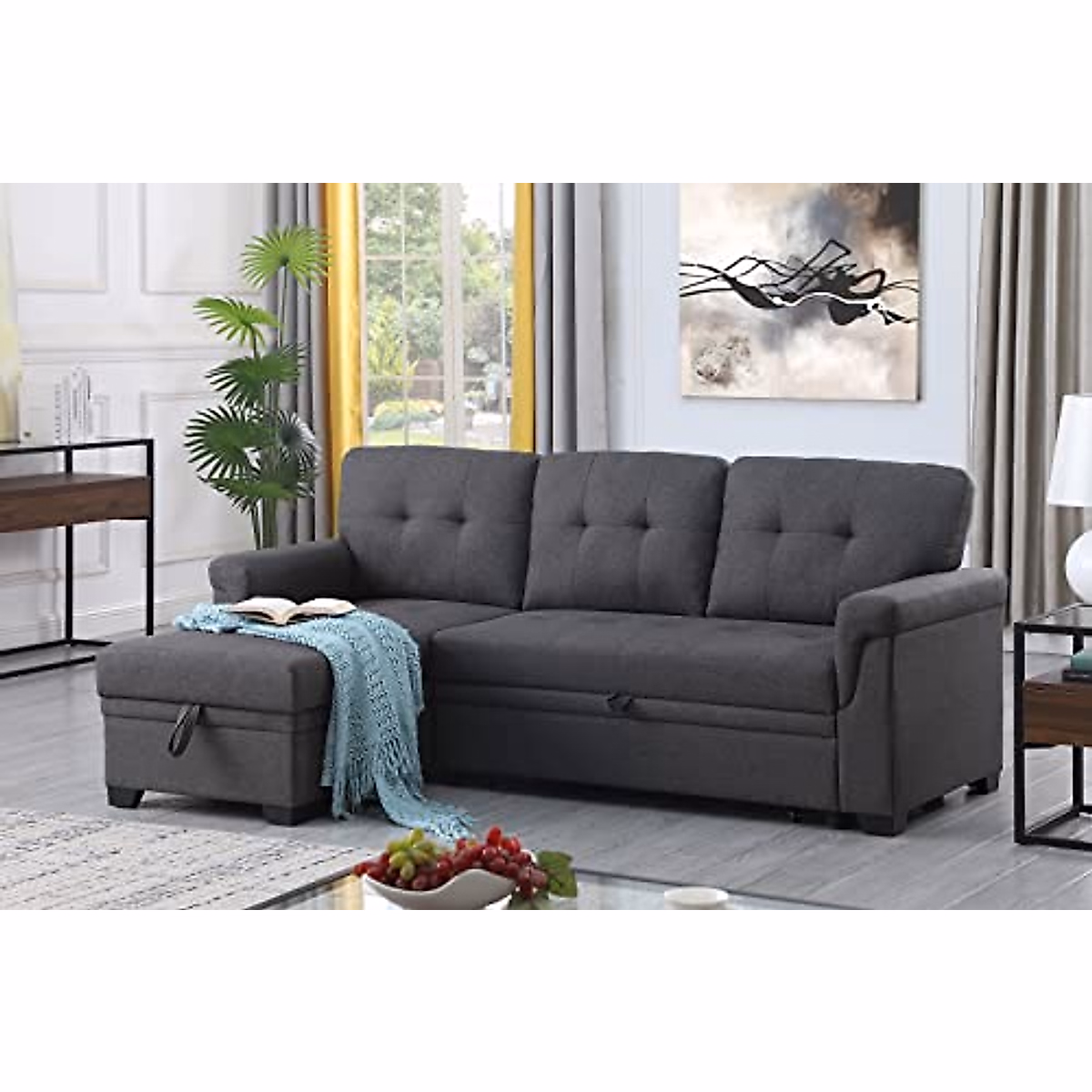 SONGG 84'' L-Shape Convertible Sleeper Sectional Sofa with Storage Chaise and Tufted Cushions, 3 Person Linen Upholstered Reversible Corner Couch w/Pull-Out Bed, for Living Room, Apartment