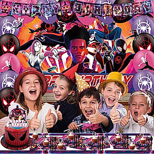 Miles Morales Birthday Party Supplies, Miles Morales Party Decoration Include Banner, Backdrop, Hanging Swirls, Balloons, Tablecloth, Cake Toppers, Tableware, Miles Morales Party Favors