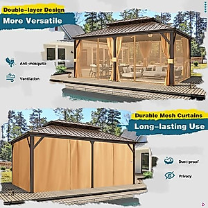 MELLCOM 12'x18' Hardtop Gazebo, Galvanized Steel Metal Double Roof Aluminum Gazebo with Curtain and Netting, Brown Permanent Pavilion Gazebo for Patio, Lawn & Garden