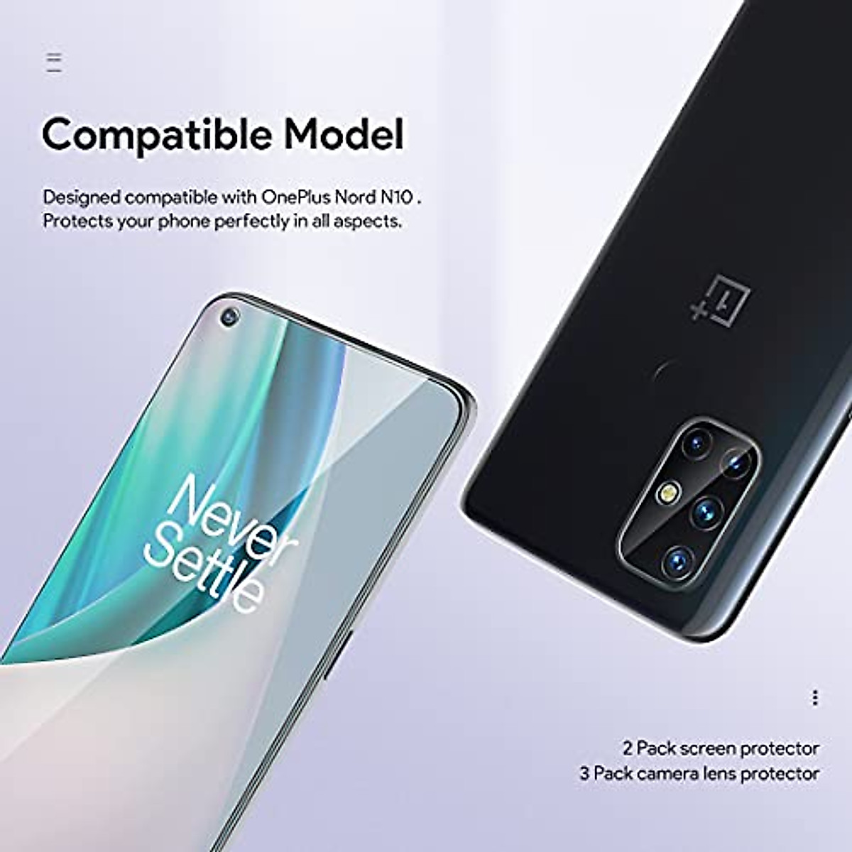 [2 + 3 Pack] LϟK Compatible for OnePlus Nord N10 5G, 2 Pack Tempered Glass Screen Protector and 3 Pack Camera Lens Protector, HD Clear Bubble Free, Anti-Fingerprint, Installation Tray -Gray
