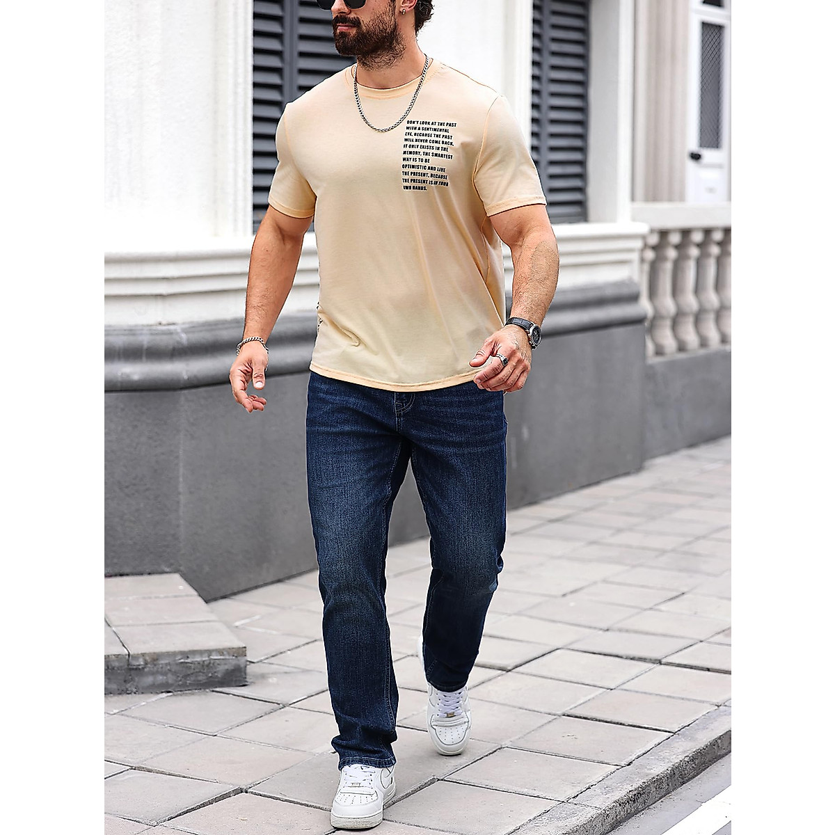 SOLY HUX Men's Graphic Tees Vintage T-Shirts Curved Hem Short Sleeve Crewneck Casual Trendy T Shirts Khaki Slogan Graphic S