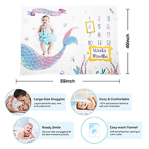 TRENSOM Little Mermaid Blanket Baby Monthly Milestone Blanket Girl Personalized Fleece Months Blakets Newborn Shower Nursery Decor with One Bib & Hedbd Two Frames,Large 59”x40”